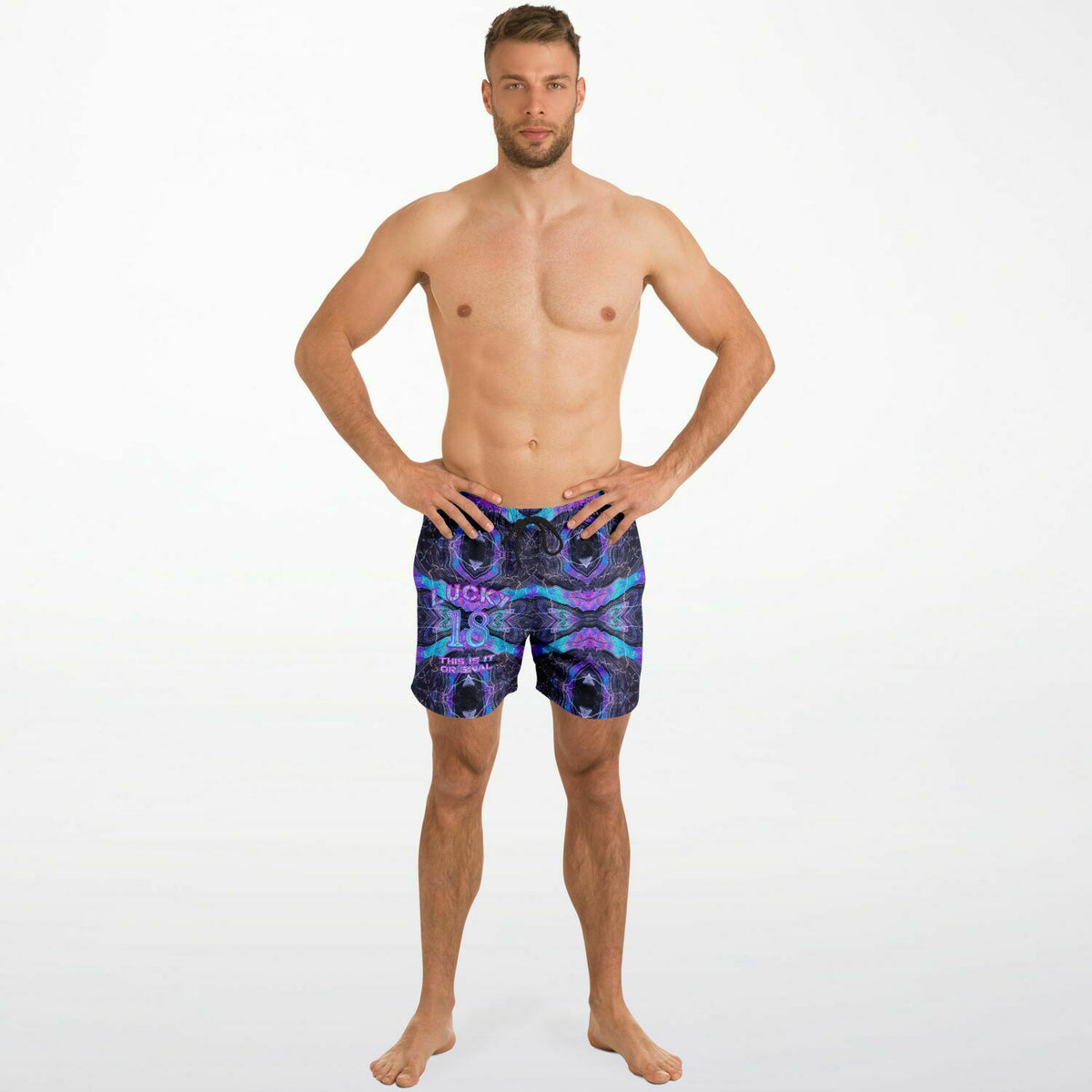 Neon Colors with Black Marble and Galaxy Design on Swim Trunks for Men ...