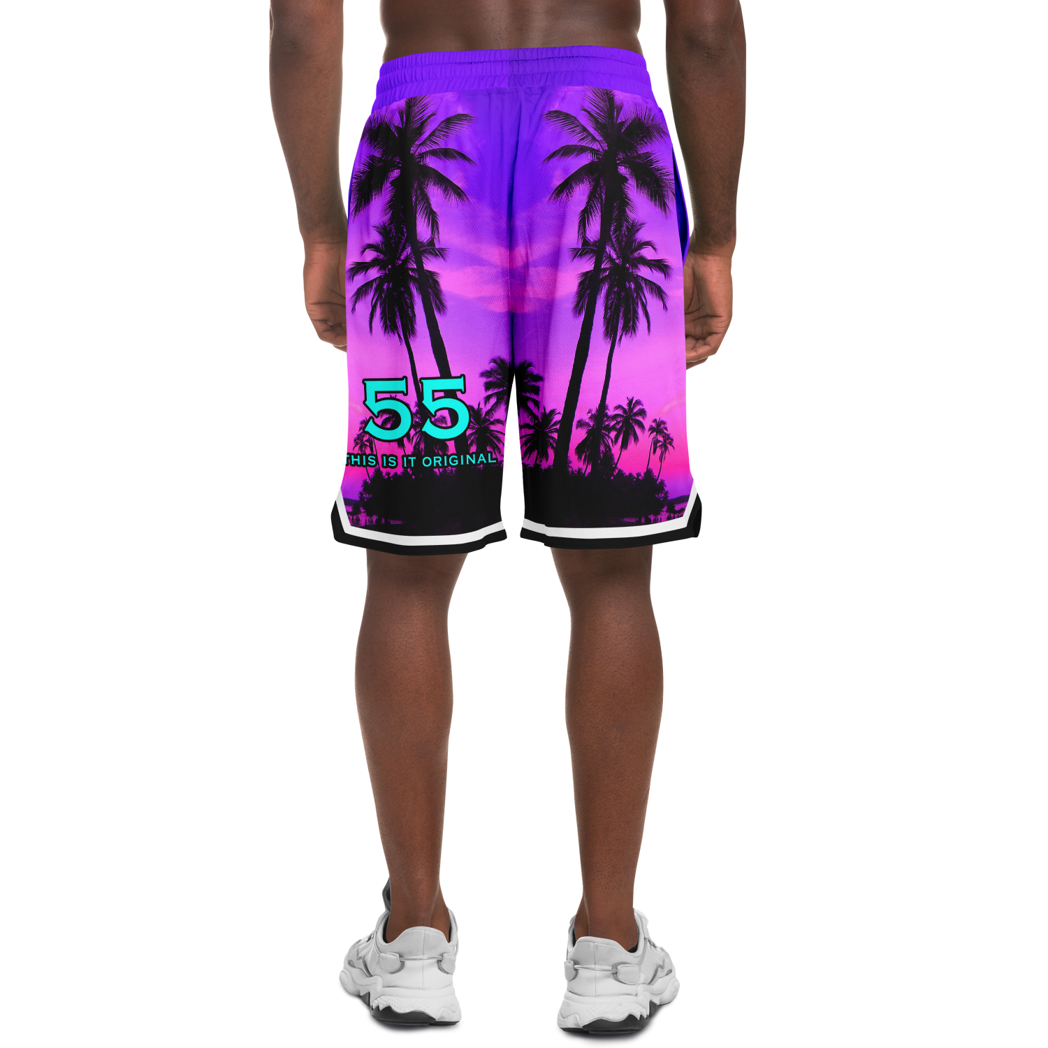 Pink & Violet Sunset with Palm Tree - 55 Lucky Number - Unisex Basketb ...