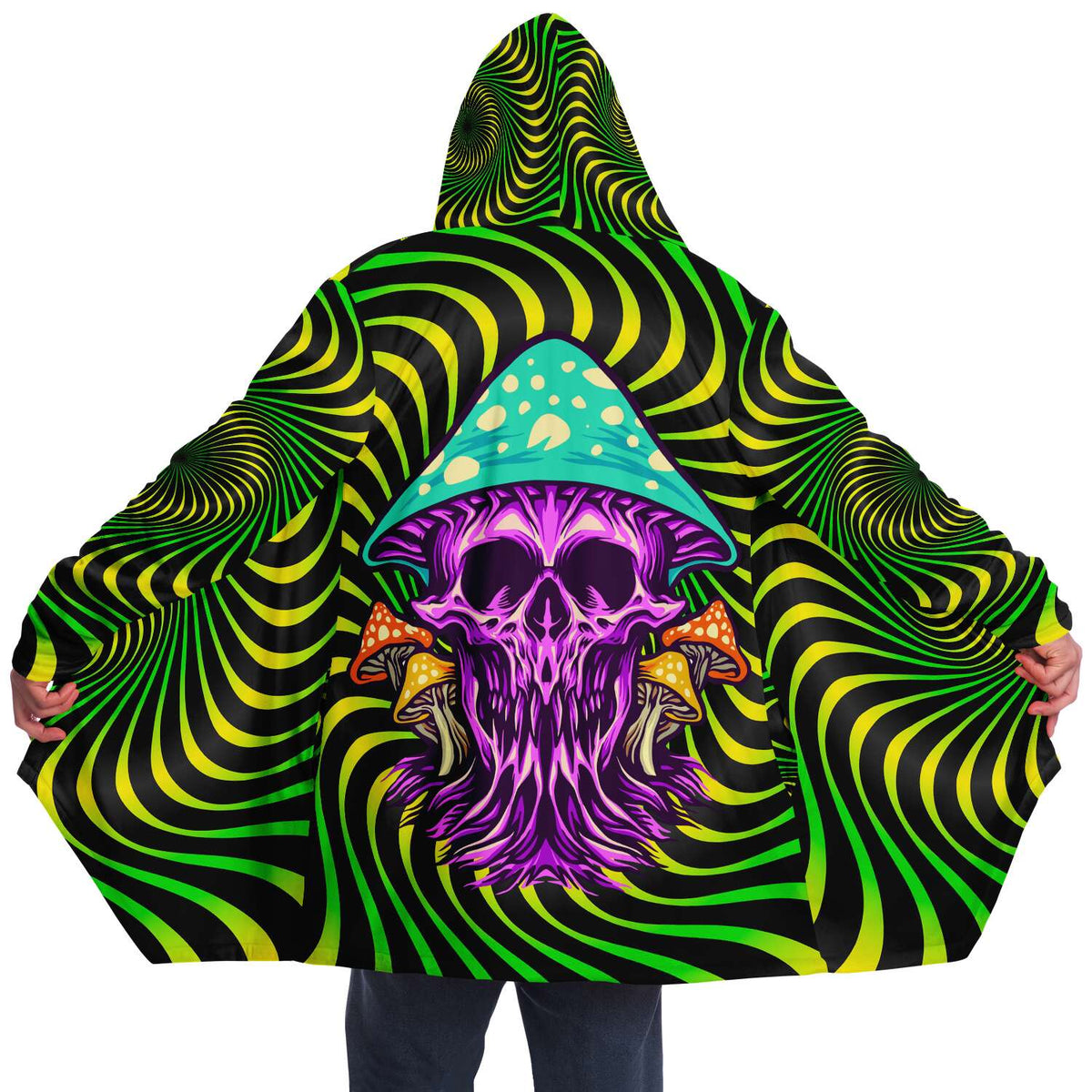 Green Hypnotic Design With Psychedelic Violet Skull & Mushrooms Hooded ...