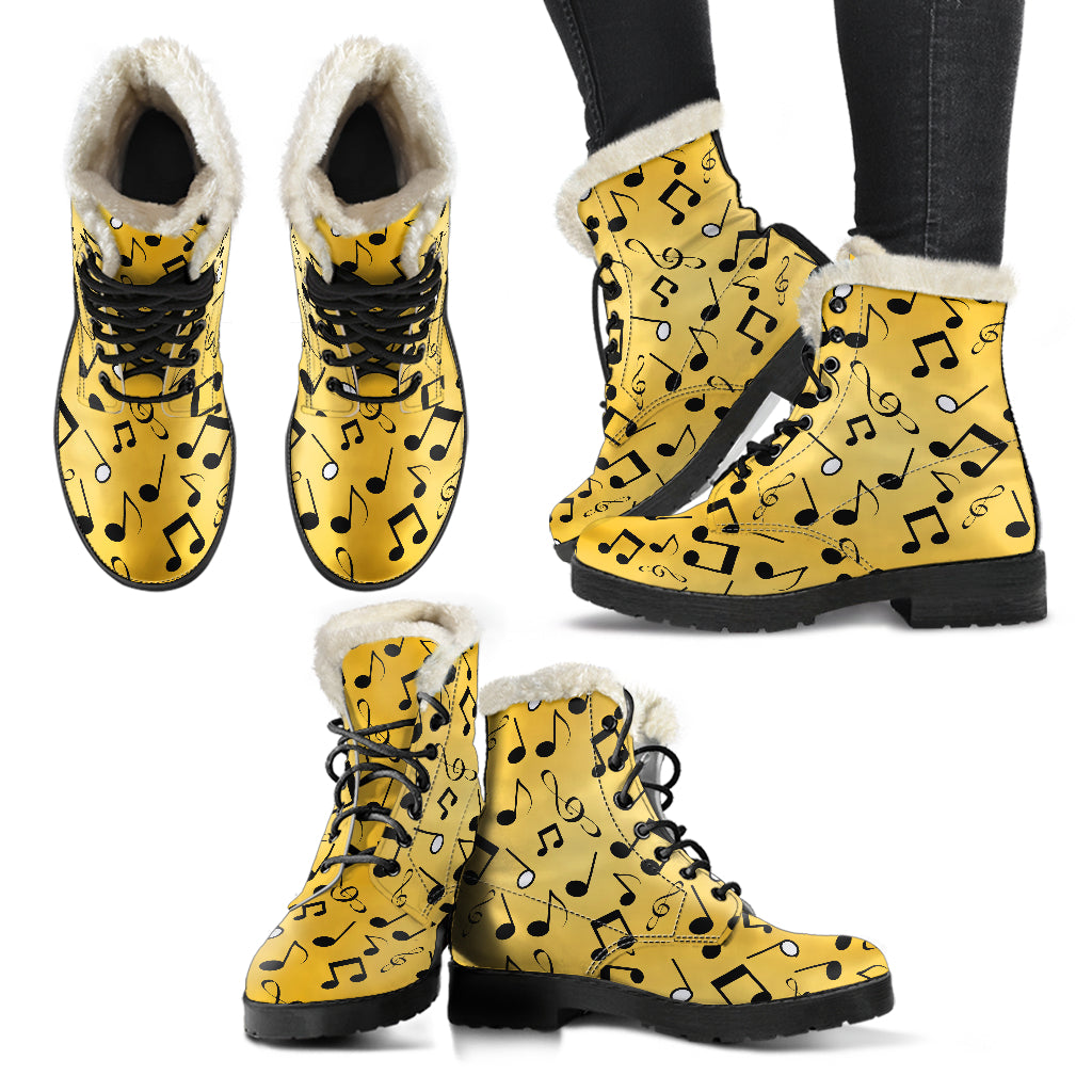 Yellow Music Notes Design Faux Fur Leather Boots – This is iT Original