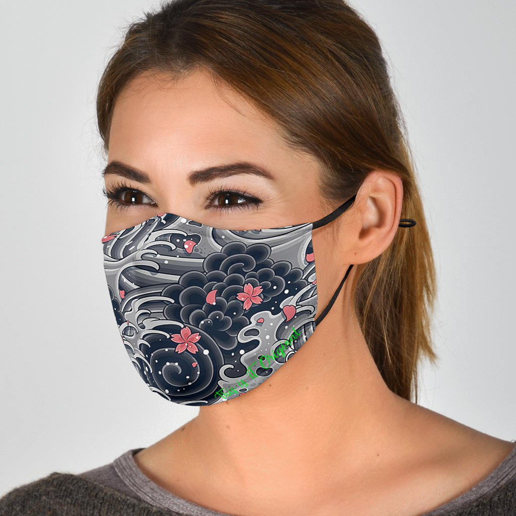 Japanese Grey Wave & Pink Flowers Two Protection Face Mask – This is iT ...