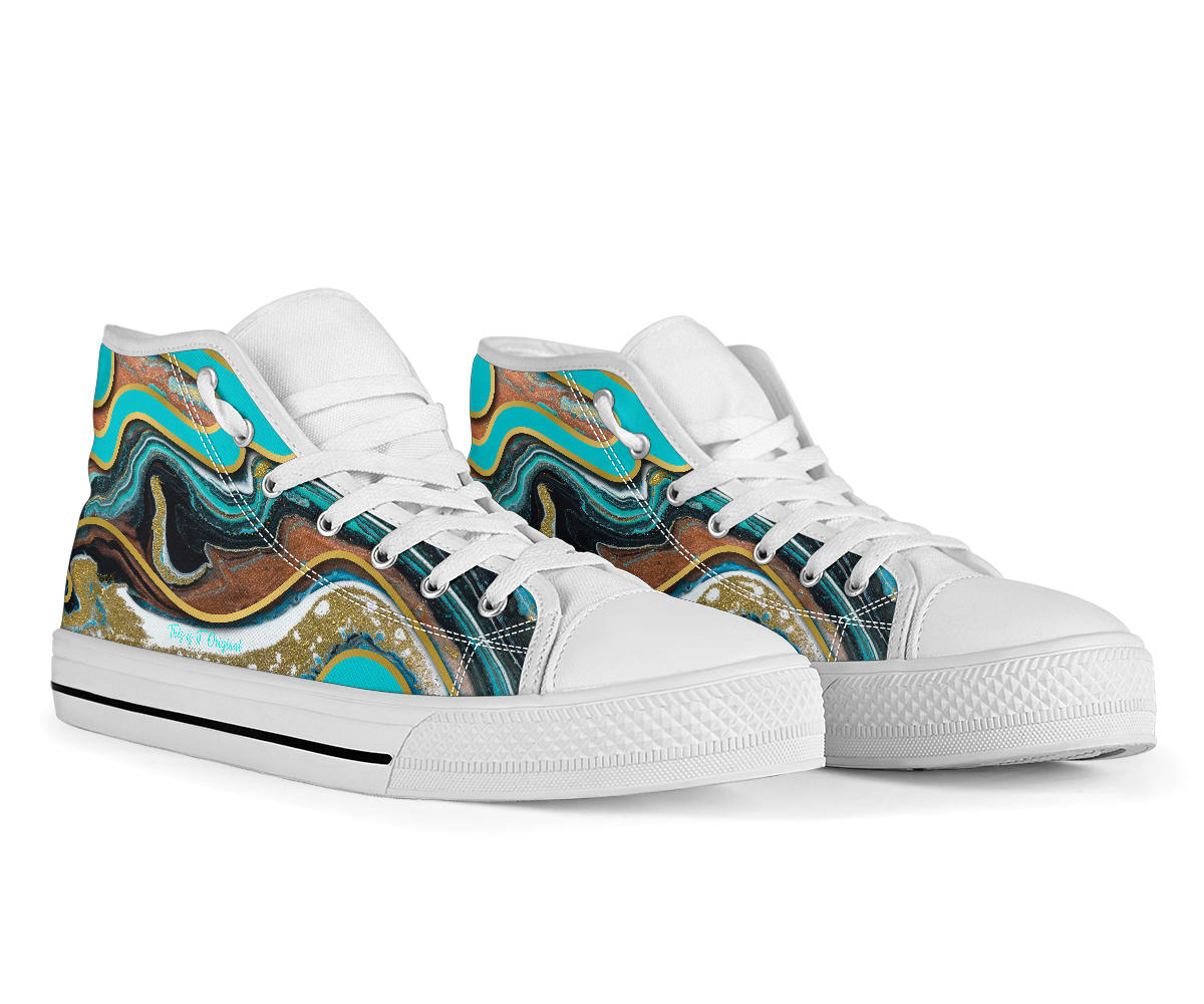 Luxury Marble Ocean Blue Design With Gold Stripes High Top Shoe – This ...