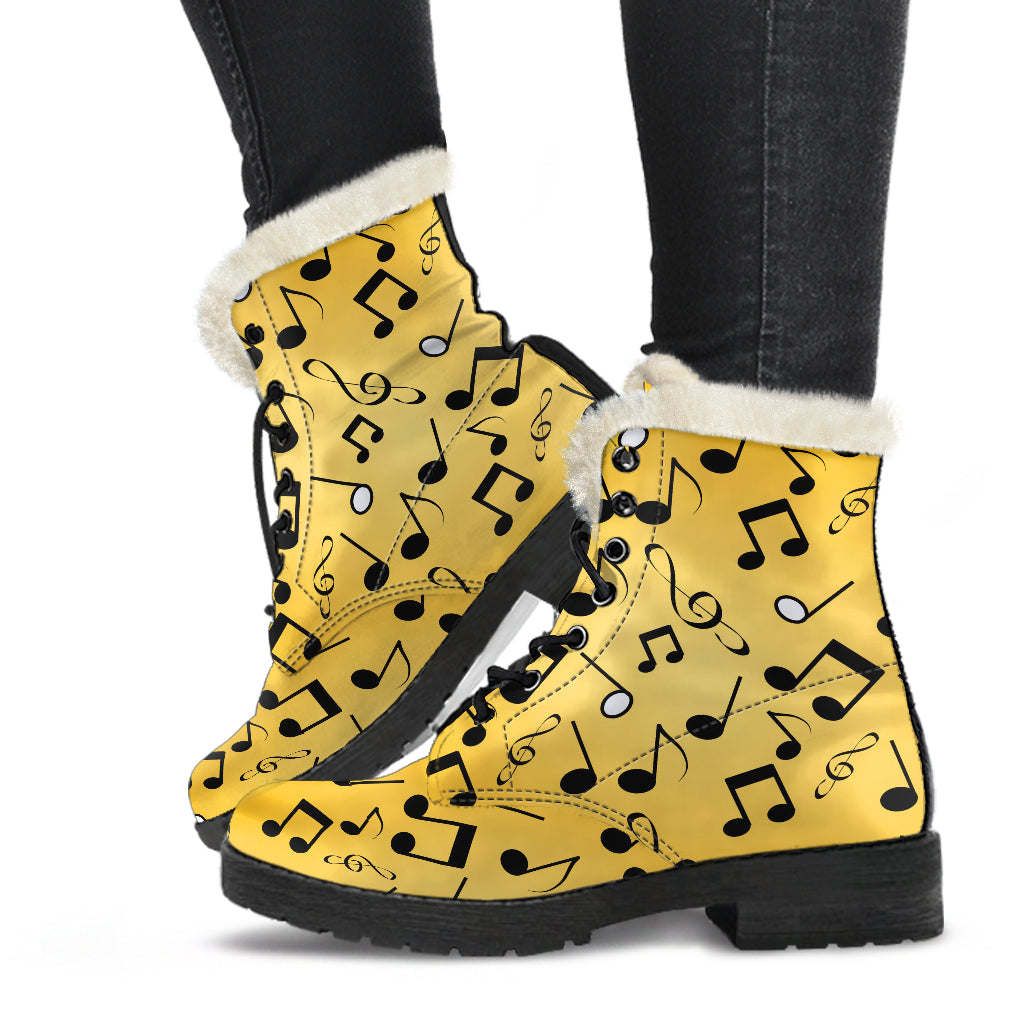 Yellow Music Notes Design Faux Fur Leather Boots – This is iT Original
