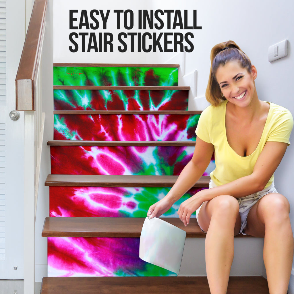Luxury Neon Green & Wild Red Color Tie Dye Design Stair Stickers ( Set ...