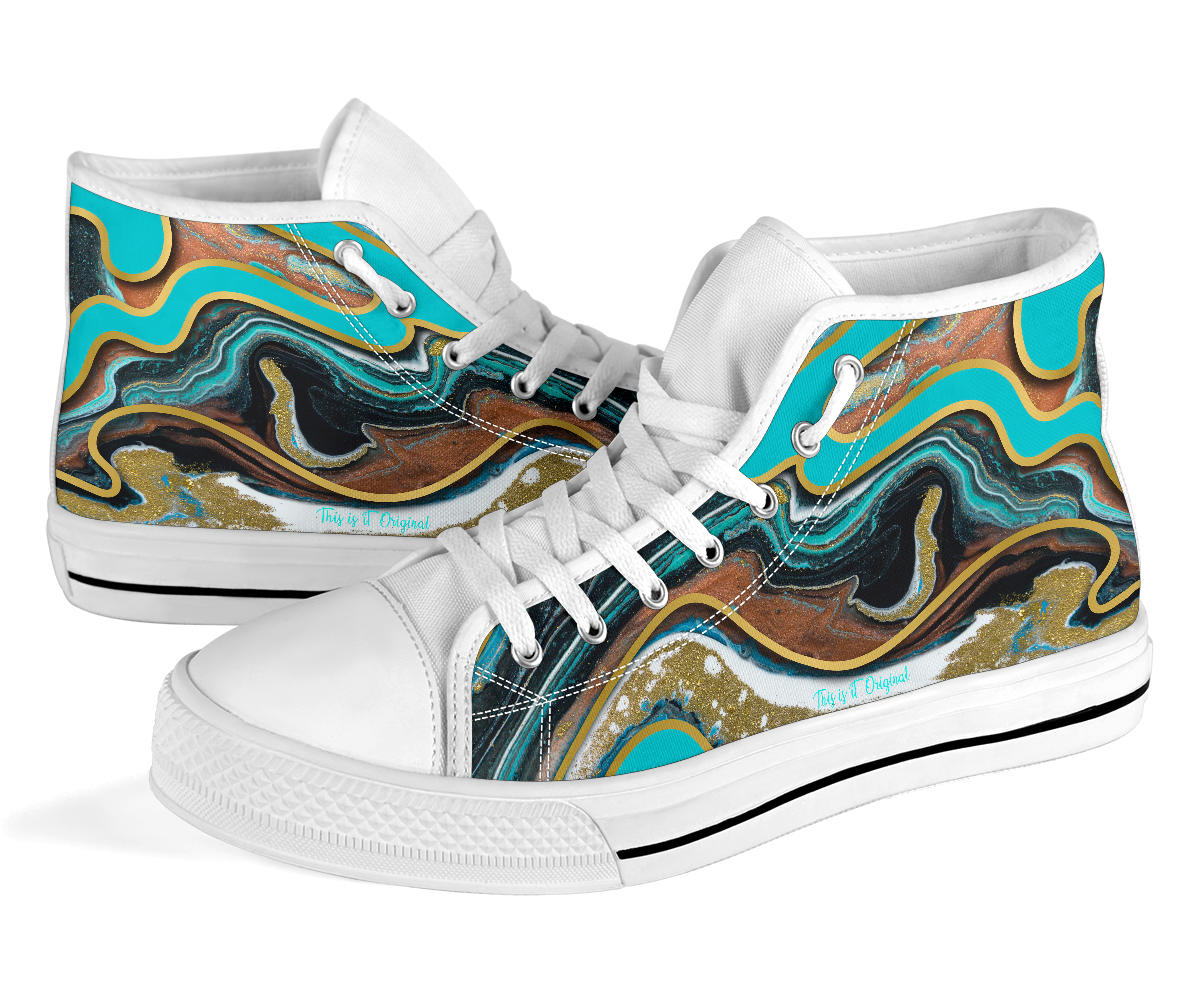 Luxury Marble Ocean Blue Design With Gold Stripes High Top Shoe – This ...